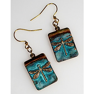 Elaine Coyne Wearable Art Verdigris Patina Solid Brass Dragonfly on Rectangle Dangle Earrings