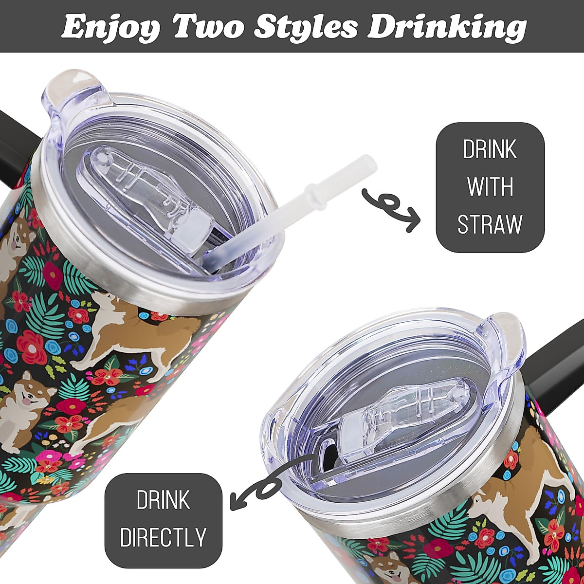 puhnhsv 40 oz Shiba Inu Tumbler with Handle, Insulated Stainless Dog Tumbler Coffee Travel Mugs Cup Water Bottle Shiba Inu Lovers Gifts for Women Girls