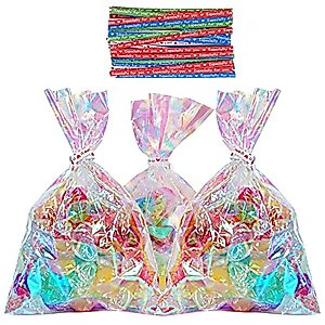 HRX Package 100pcs Small Iridescent Cellophane Treat Bags with Ties, 4x6 inch Holographic Plastic Goody Bags for Candy, Cake Pops, Favors