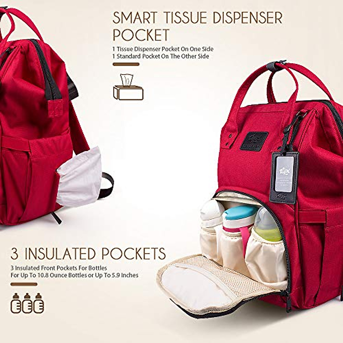 Qipi Diaper Bag - Spacious & Smart Multi-Function Nappy Bag w/ Changing Pad - Ruby Red