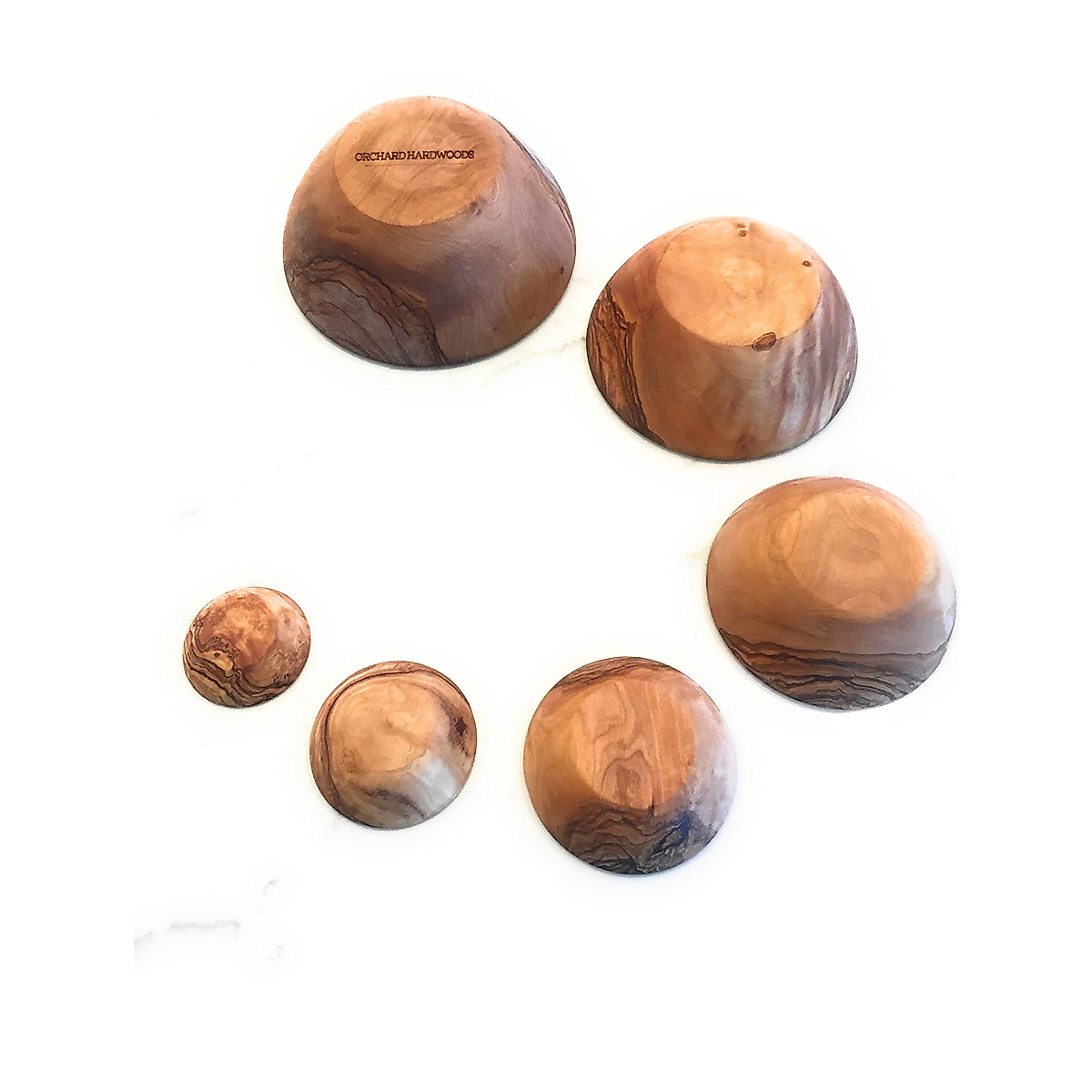ORCHARD HARDWOODS Nesting Set of 6 Artisan Olive Wood Serving Bowls. Unique Handmade Decorative Serve-ware for Fruit, Salad, Snacks, Condiments, Any Food. Small Mini Bowl 2" to Large 5.5-6.5"