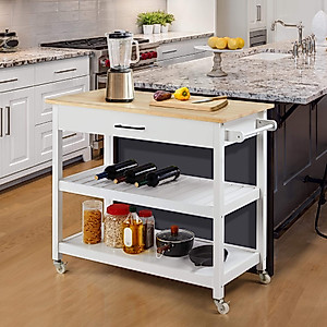 Yaheetech 40" Width Kitchen Island Cart on Wheels, 3 Tiers Rolling Utility Cart with Solid Wood Top and Drawer & 2 Spacious Storage Shelf, Serving Trolley for Dining Room, White