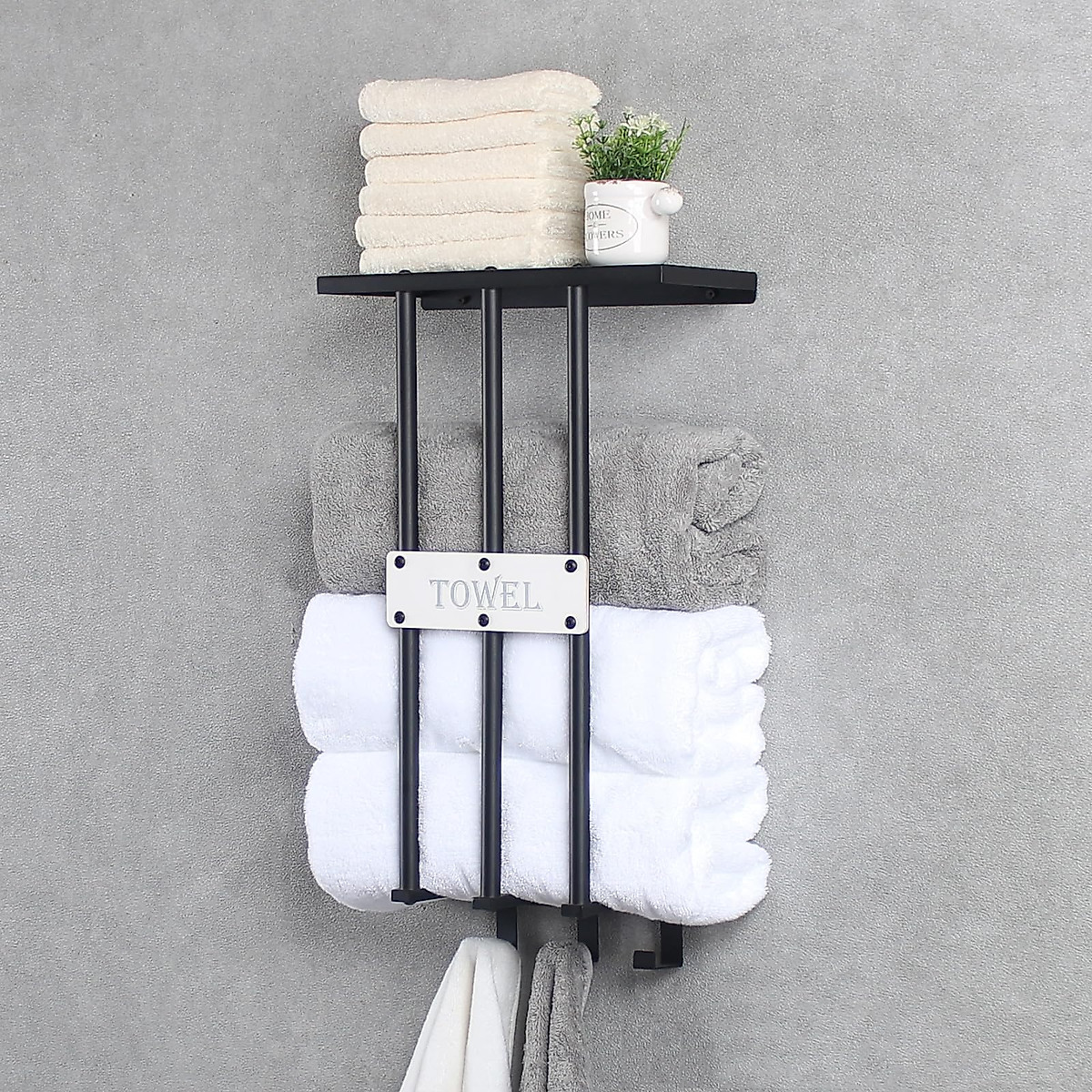Bathroom Towel Storage Rack, Towel Racks for Bathroom Wall Mounted 22 inch with Shelf Can Holds 4 Large Towels, Wall Towel Rack for Rolled Towels, Black