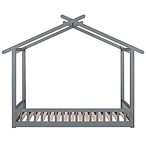 AOCOROE House Bed Frame Twin/King Bed Frame for Boys and Girls, Wood Extending Twin to King Extendable Playhouse-Design Montessori Floor Bed Platform Bed Frame with Trundle