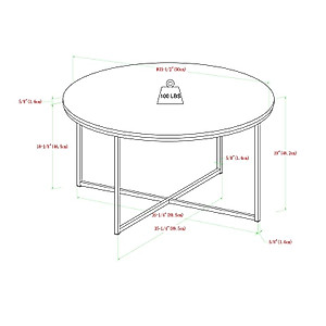 Walker Edison Modern Glam Round Accent Faux White Marble Coffee Table with Gold X-Base, 36 Inch