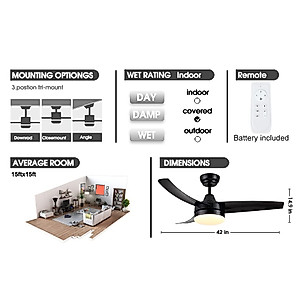 Wellspeed Ceiling Fans with Lights, Black Ceiling Fan, 42 Inch Modern Ceiling Fan with Remote Control，Adjustable Light and Dark， for Bedroom, Living Room, Patios