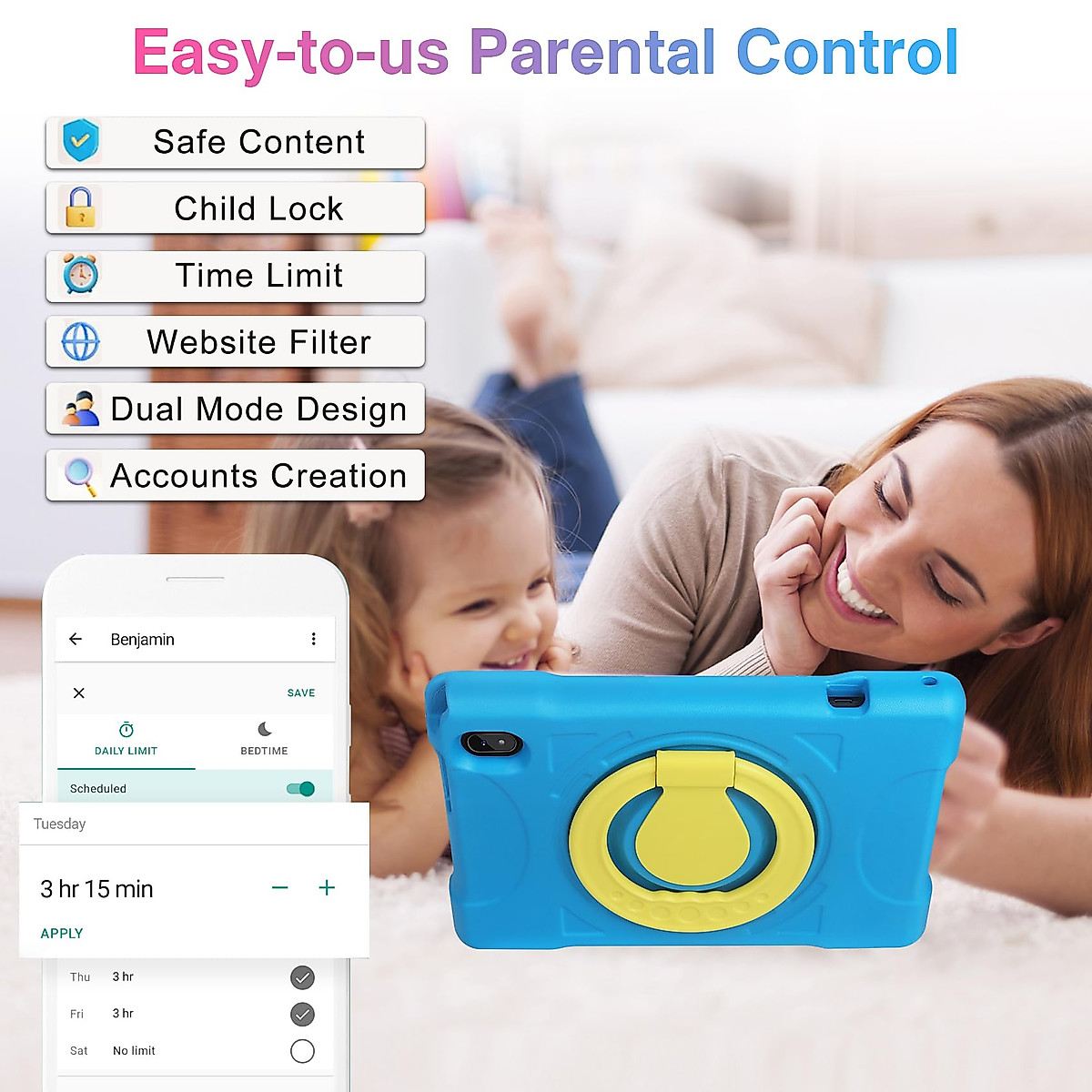 2024 Kids Tablet, 10 inch Android 13 Tablets for Kid Toddler 12GB+128GB 6000mAh Tablet with Shockproof Case, 5G WiFi, Kids Space Parental Control, 1280x800 HD Touchscreen, Bluetooth,Dual Camera -Blue