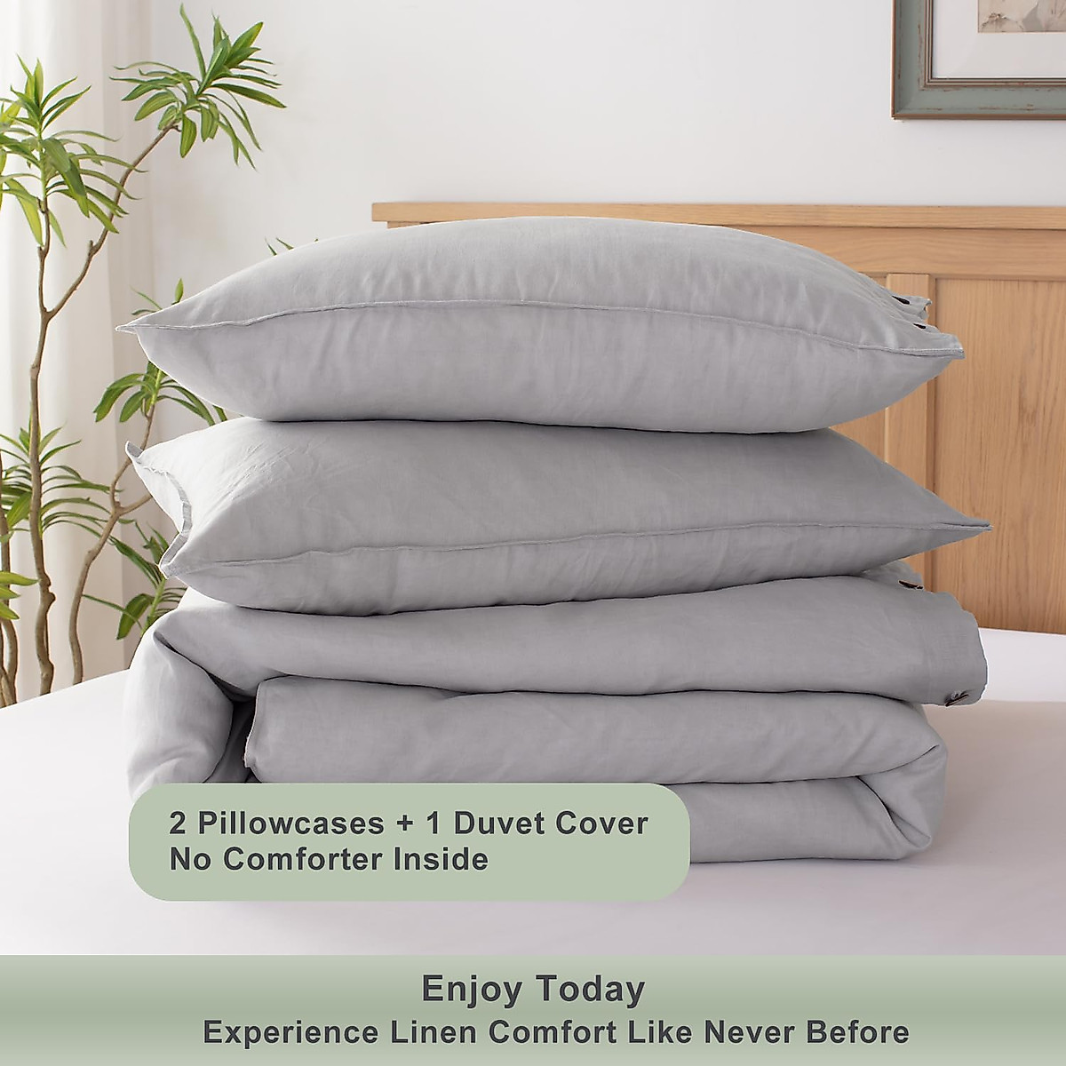 TOSMO 100% Linen Duvet Cover Set with Button Closure, 3 Pieces (1 Duvet Cover with 2 Pillowcases), Soft Breathable Durable Farmhouse Bedding - King, Soft Grey