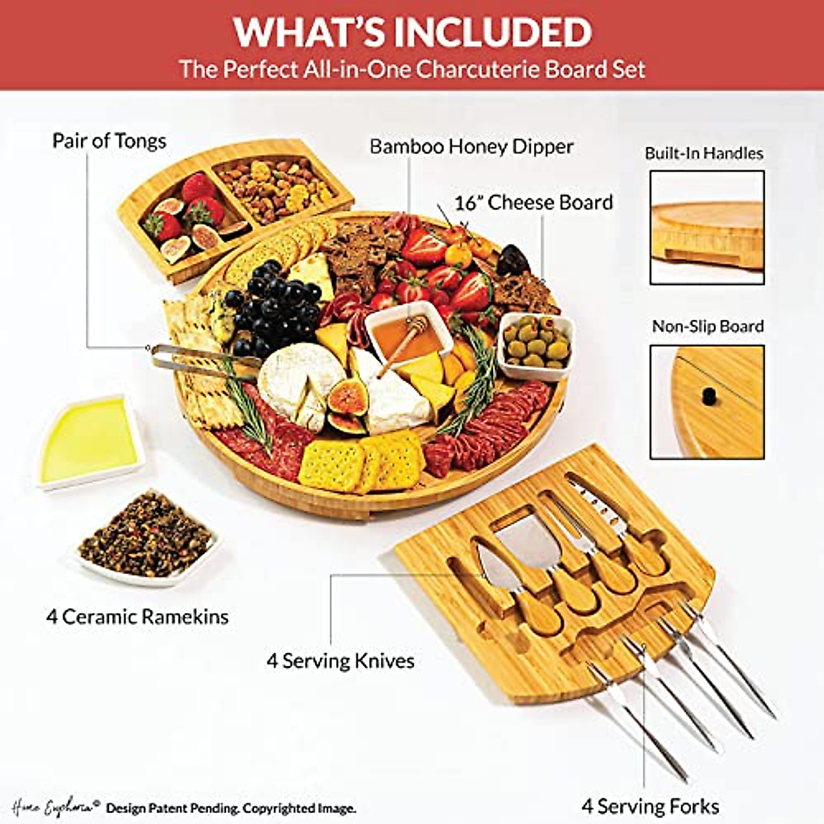 Large Round Charcuterie Board Set - 16 In, Round Cheese Board and Knife Set, Large Charcuterie Board, Round Cheese Board, Charcuterie Boards Extra Large, Wood Charcuterie Board Round, Charcuterie Tray