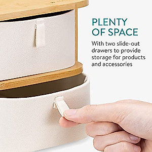 Navaris Makeup Storage Drawers - Bamboo Organizer and Cream Colored Fabric Trays - 2-Tier Drawer Unit for Bathroom, Vanity Table - 9" x 6.9" x 5.9"