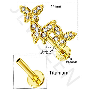 Jewseen 14K Solid Gold Snake Cartilage Earring 16g Flat Back Stud Helix Piercing Jewelry Tragus Earring Conch Stud Titanium Labret Post Lip Ring Nose Stud for Women Men