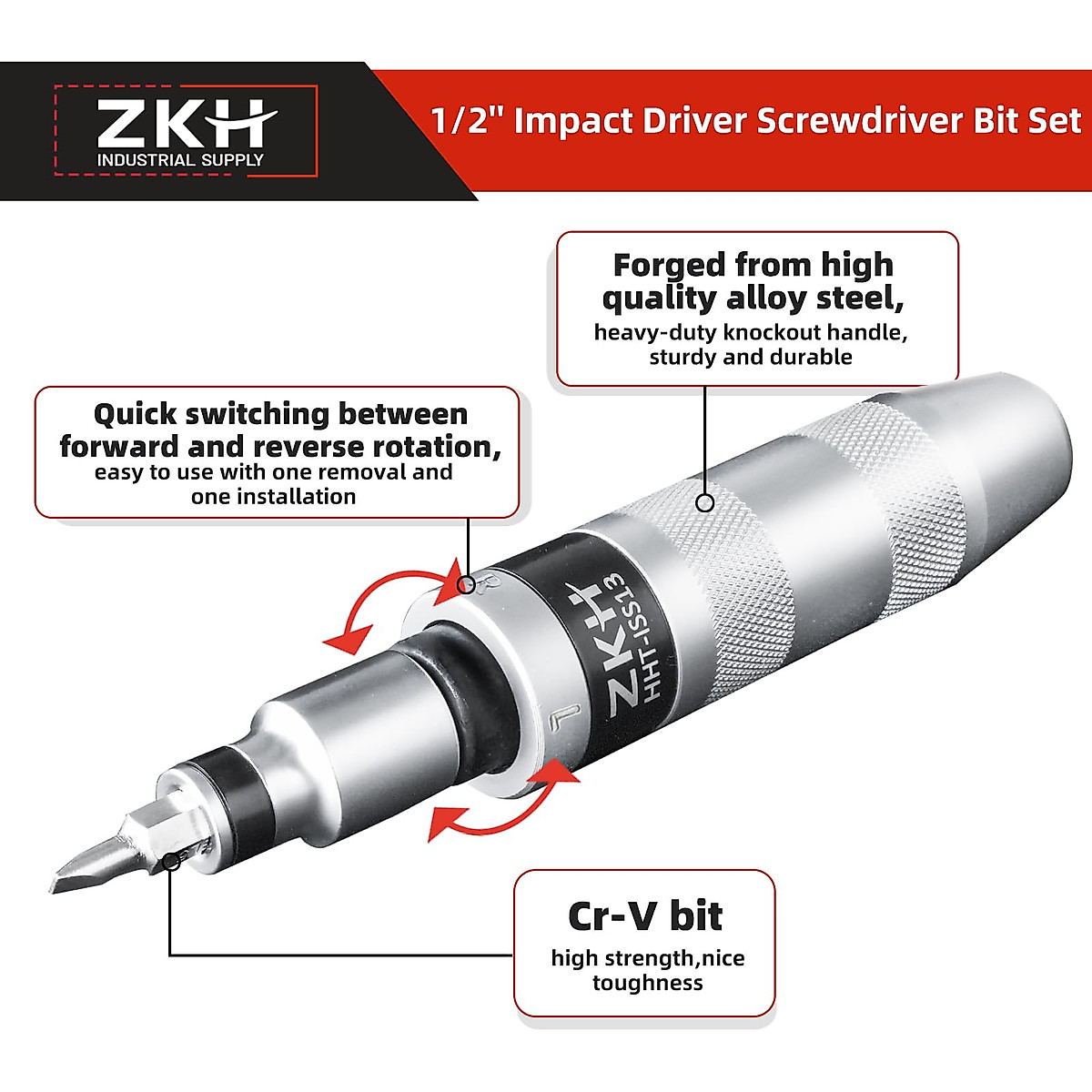ZKH 1/2" CR-V Hand Impact Screwdriver, Manual Reversible Impact Driver Includes 12-Piece Slotted, Phillips, Hexagonal Bit Set, Disengage Rusted Fasteners or Frozen Bolts, Ideal Hand Tool for Men, Dad