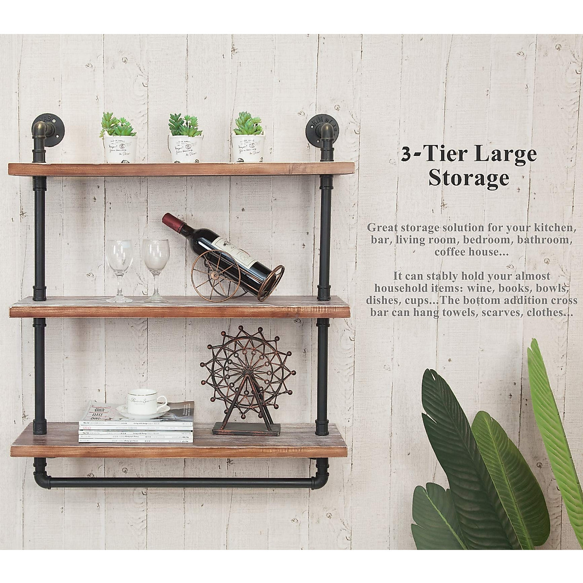 DOFURNILIM Industrial Retro Wall Mounted Iron Water Pipe Shelf - Hung Bracket - DIY Storage Shelving Bookshelf - Wood Shelf (Floating shelves-24“W)