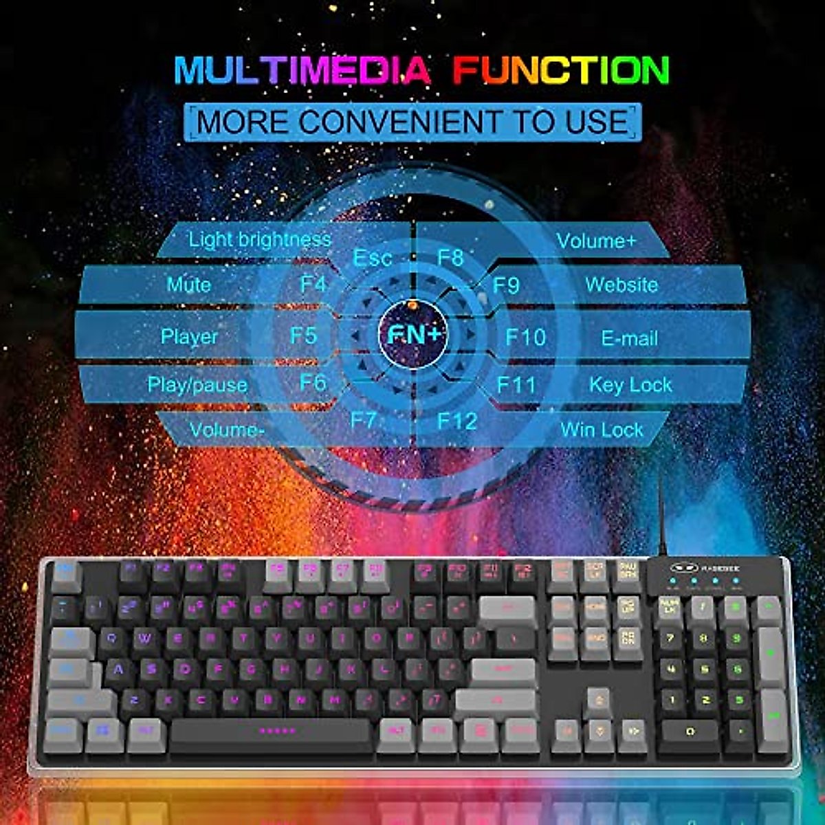 MageGee Gaming Keyboard, Rainbow Backlit LED Wired Gaming Keyboard with Clear Housing and Double-Shot Keycaps, K1 Waterproof Ergonomic 104 Keys Light Up Keyboard for PC Desktop Laptop, Gray & Black