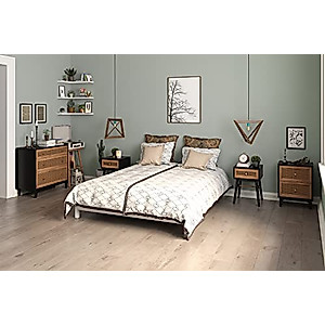 COZAYH Fully-Assembled 2-Drawer Woven Cane Front Accent Nightstand with Brass Knobs for Living Room, Bedroom, Black