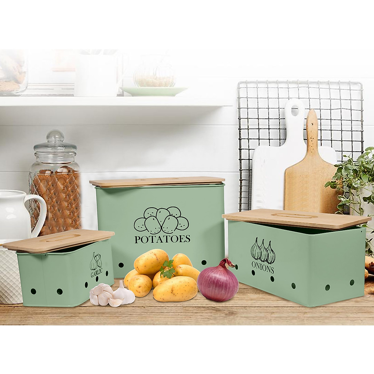 Xbopetda Canister Sets for Kitchen Counter, Kitchen Canisters Set of 3 for Potato Onion Garlic, Kitchen Storage Bin Jars Pots with Aerating Tin Storage Holes & Wooden Lid (Green)