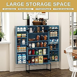 HOLTICO 46.5'' Accent Wood Grain Kitchen Pantry with Doors, Storage Cabinet with Adjustable Shelves, Food Pantry Cabinet for Kitchen, Dining Room, Living Room and Garage, Metal Legs,Blue
