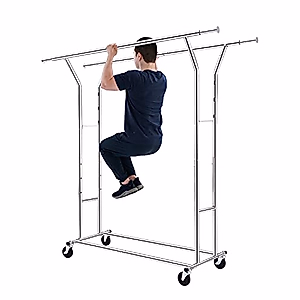 HOKEEPER 400 lbs Load Capacity Commercial Grade Clothing Garment Racks Heavy Duty Double Rails Adjustable Collapsible Rolling Clothes Rack on Wheels, Chrome Finish