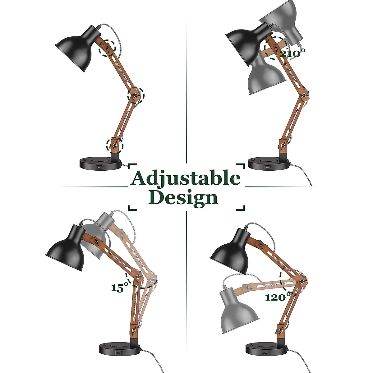 ELYONA LED Sapele Wood Desk Lamp with Upgraded Wireless Charger & USB C Charging Port Modern Table Lamp Swing Arm Bedside Reading Task Light for Dorm Office Bedroom Living Room Bulb Included Black