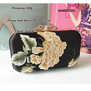 AININTON Women Embroidered Bag Silk Shoulder Bag Black Handbag Rectangle Crossbody Bag with Pearl Chain for Wedding Party Banquet