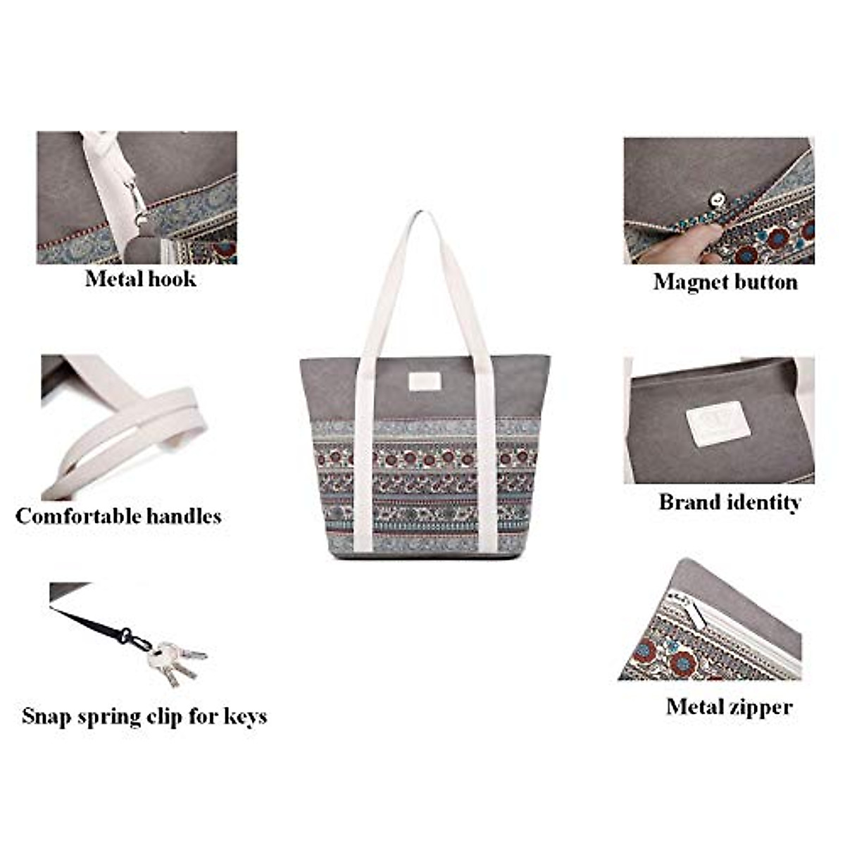 Wxnow Canvas Boho Tote Bag Top Handle for Women Shoulder Hobo Purse Beach Handbags School Word Travel Shopping Pack B-Light Grey