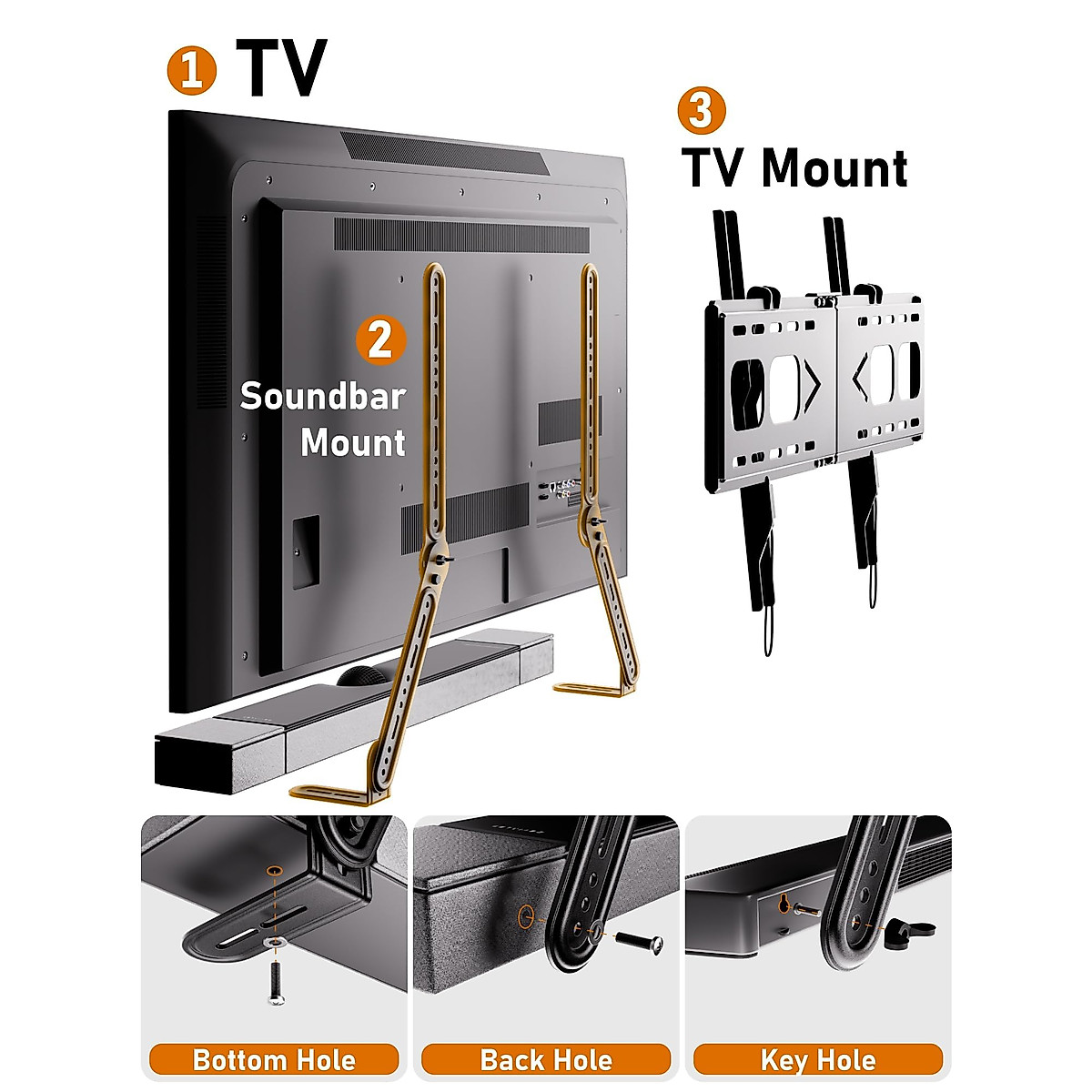 KAMIWI Soundbar Mount Bracket,SoundBar Mounts Under TV or Above TV,Soundbar TV Mount with 180° Adjustable Extension Plates and L-Shaped Hooks,Sturdy Soundbar Mounting Holder Max Load 22 Lbs