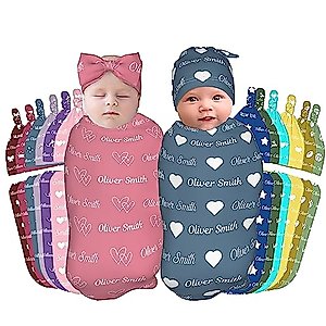 Darabit Personalized Baby Blankets for Baby Girl Boy - Personalized Baby Swaddle Blanket and Hat with Name Custom Blanket Personalized Baby Gifts Custom Newborn Gifts