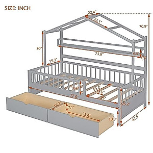 Harper & Bright Designs Twin House Bed with 2 Drawers, Wood Kids Bed Frame with Storage Shelf, Twin Size Montessori House Bed with Rails for Kids Girls, Boys,No Box Spring Needed,Grey