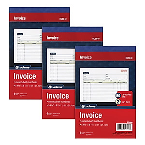 Adams Invoice Book 3 Pack, 2 Part Carbonless Invoices, Horizontal Sales Slip, 5-9/16 x 8-7/16 Inches, 50 Sets per Book (DC5840-3)