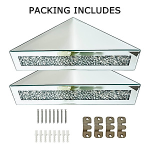 HMRCYTE Glass Mirror Floating Shelves, 9.8" L x 9.8" W x 3" H Wall Mounted Mirror Corner Shelves, Silver Crystal Floating Shelves, Crushed Diamond Home Decor, Display Shelf for Living Room, Set of 2