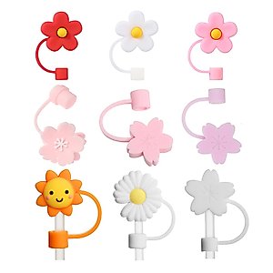 Beyonday 9pcs Silicone Flower Shape Straw Cover Cap Kit, Reusable Drinking Dust Plugs Set Cartoon Cherry Blossom Daisy Sunflowers Shape Spill Proof Straw Tips Cover Cup Stopper Cup Accessories