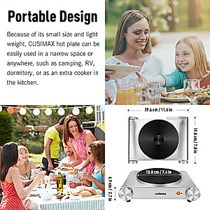 Cusimax Hot Plate Electric Burner Single Burner Cast Iron hot plates for cooking Portable Burner 1500W with Adjustable Temperature Control Stainless Steel Non-Slip Rubber Feet, Upgraded Version