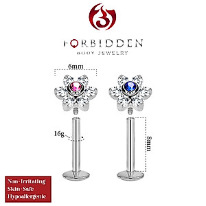 Forbidden Body Jewelry 2 Pack: 16g 8mm Internally Threaded Tragus, Helix Earrings and Labret Studs with Crystal Flower Tops