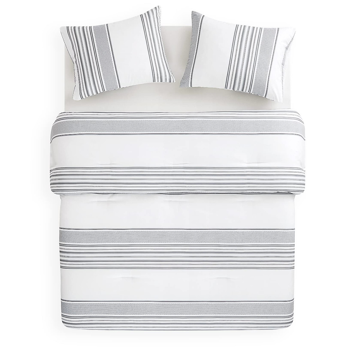 Wake In Cloud - Grey and White Comforter Set King Size, 3 Pieces Lightweight Bedding for Men and Women, Gray Neutral Farmhouse Aesthetic Stripes Striped