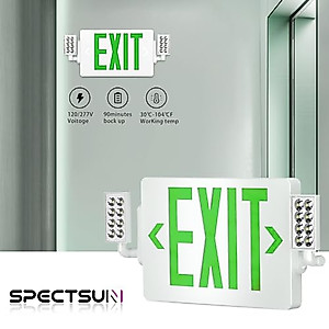 Spectsun 1 Pack Exit Signs with Emergency Lights,120-277VAC -LED Combo Emergency Light with Backup Battery-Double Face UL Listed Green Letter Exit Sign Lighting-Hard Wired-Fire Resistant
