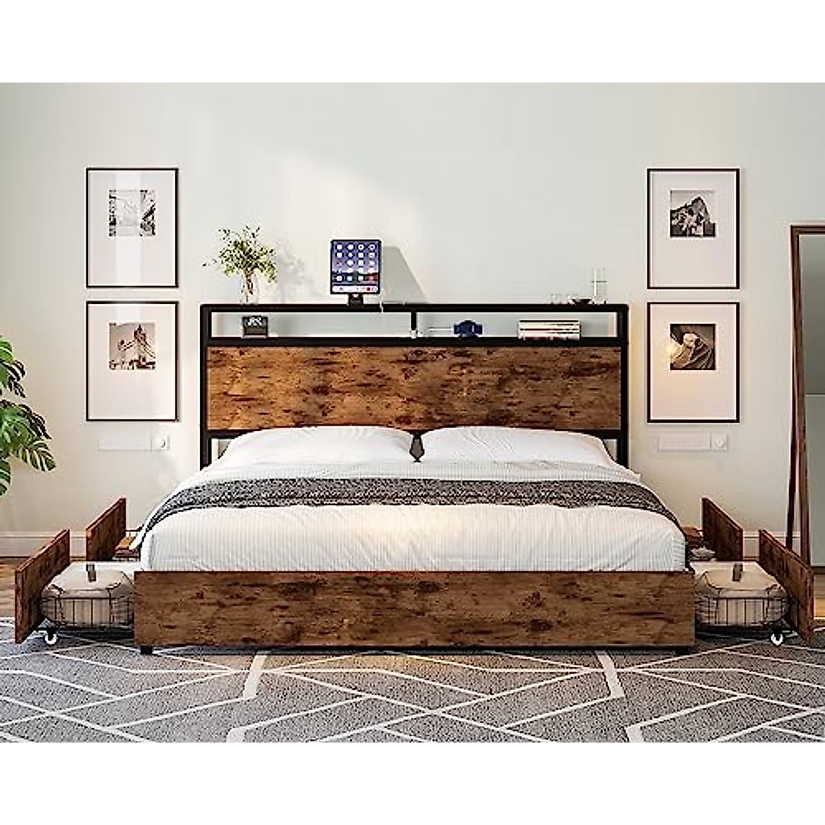 LUXOAK King Size Bed Frame with 4 Storage Drawers, Wooden Platform Bed with 2-Tires Storage Headboard and Charging Station, Noise Free/No Box Spring Needed/Rustic Brown