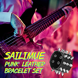 SAILIMUE 6 Pieces Punk Leather Bracelet for Men Women Rivet Cuff Bangle Bracelet Adjustable Black Leather Wristband with Metal Studded Halloween Goth Jewelry