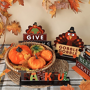 Thanksgiving Centerpieces for Tables Decorations, 4 Pack Wooden Pumpkin Turkey Thankful Blessed Decorative Signs, Harvest Autumn Fall Decor for Home Indoor Party Farmhouse Office Desk Fireplace