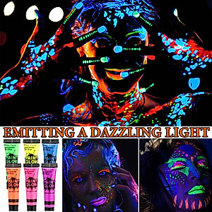 6 Pcs Glow in the Dark Face Body Paint,Blacklight Neon Face & Body Paints,Easily Cleanable Face & Body Paint Set Neon Body Makeup Glow in the Dark Party Supplies