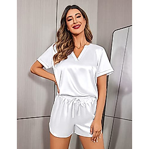 Ekouaer Pajamas Set Womens Satin Silk Loungwaer Set Short Sleeve Pj Shirts and Elastic Waistband Shorts Sleepwear White