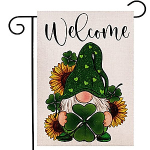 Welcome St Patricks Day Gnome Garden Flag 12.5x18 Inch Double Sided, Shamrock Lucky Clover Holiday Yard Outdoor Flag