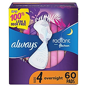 Always Radiant Feminine Pads For Women, Size 4 Overnight Absorbency, Multipack, With Flexfoam, With Wings, Scented, 20 Count x 3 Packs (60 Count total)