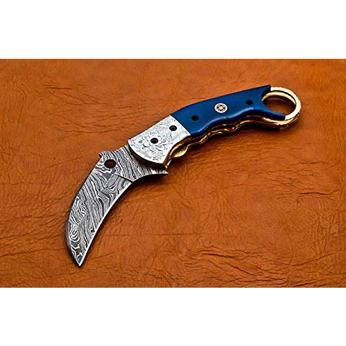 8.5" Handmade Damascus Folding Pocket Knife Karambit Knife Hunting Knife Handle Camel Bone Handmade Damascus Steel with Leather Sheath B50