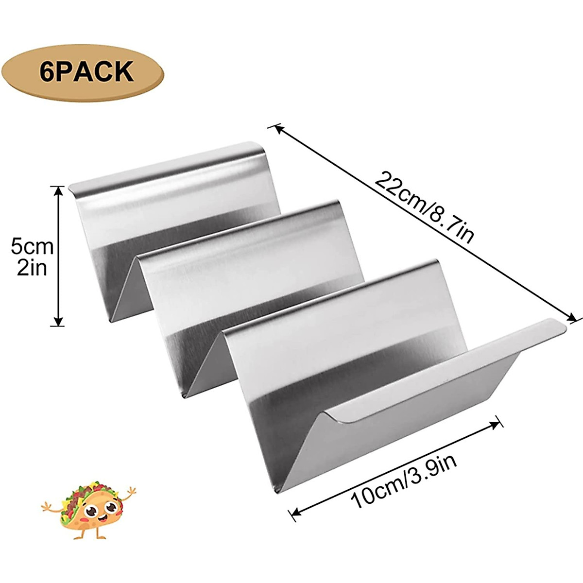 RHBLME 6 Pack Taco Holders, Stainless Steel Taco Tray with Handle, Stylish Taco Shell Holders for 3 Tacos, Use as a Taco Rack to fill Tacos with Ease - Safe for Dishwasher, Oven and Grill