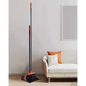 Broom and Dustpan Set for Home,Broom and Dust Pans with Long Handle,Indoor Broom with Dustpan Combo Set,Stand Up Broom and Dustpan,Kitchen Broom Dustpan for Home Room Office Lobby Floor Use(Orange)