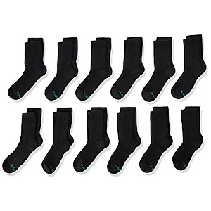 Hanes Small-Shoe Size: 4.5-8.5 Boys, Double Tough Cushioned Crew Socks, 12-Pair Packs, Black
