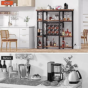 Unikito Wine Rack Freestanding Floor with Oulet and Two LED lights, 4 Tier Industrial Wine Bar Cabinet with Display Shelf, Bar Stand For Liquor, Wine Stand For Kitchen Dining Living Room, Rustic Brown