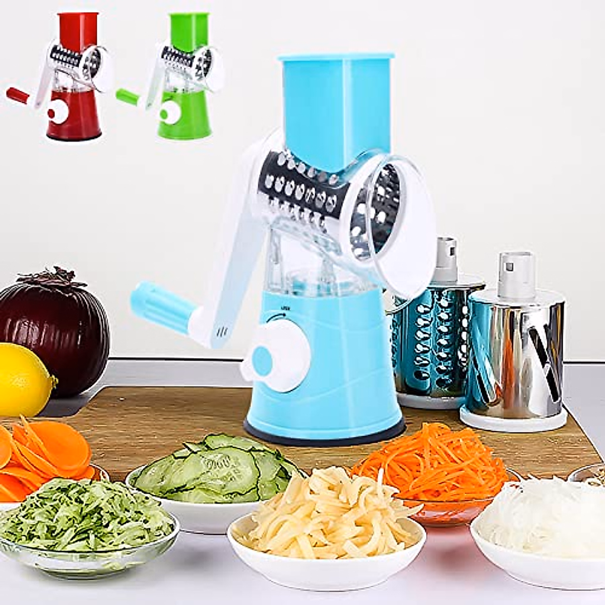 Rotary Cheese Grater with Handle for Fruit,Vegetables,Nuts, 3 In 1 Multifunctional Kitchen Square Drum Vegetable Cutter & Round Mandoline Slicer Nuts Grinder With 3 Interchangeable Blades (Blue)