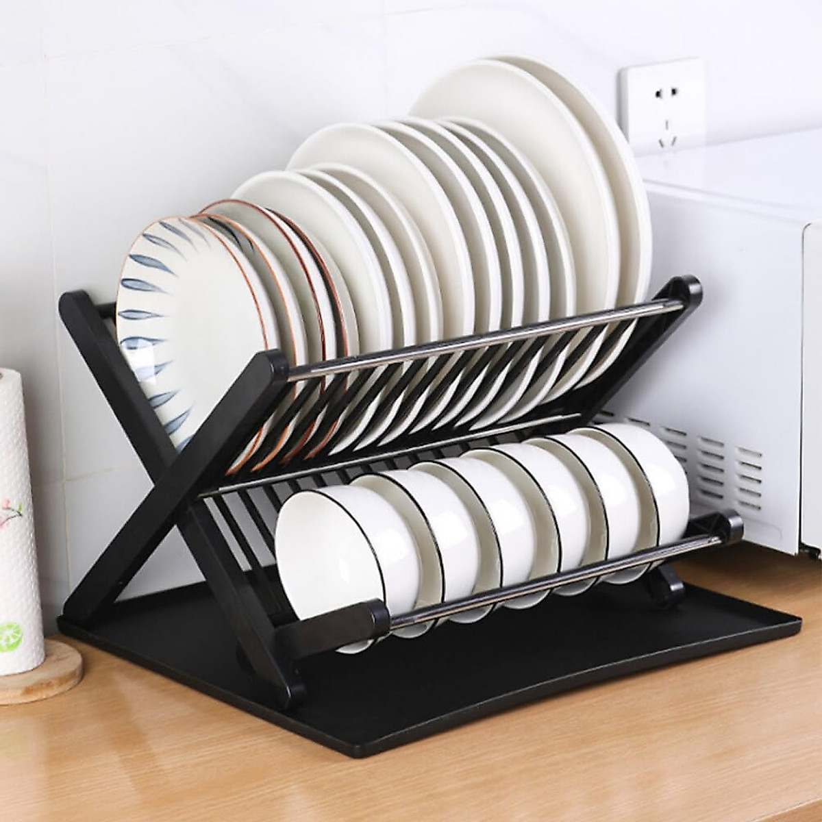 DOITOOL Stainless Steel Dish Drying Rack for Kitchen Counter: 2-Tier Dish Drainer Kitchen Plate Rack with Drainboard - Foldable and Compact for Space-Saving Storage, Black