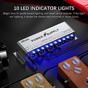 OTraki Guitar Pedal Power Supply 10 Individual DC Output Interfaces Pedal Power Supplies for 18V 12V 9V Effect Pedal Power Supply with Smart Short Circuit and Over Current LED Indicate, White